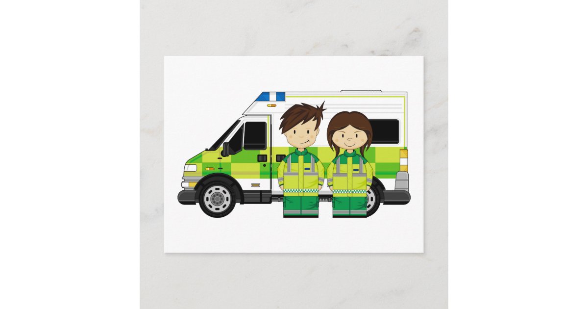Cartoon Ambulance and EMT's Postcard | Zazzle
