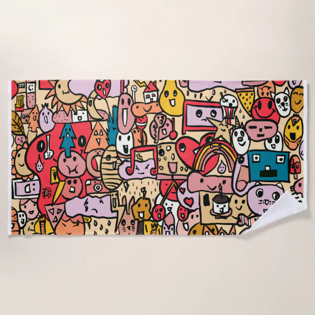 Cartoon Caracter Hand Drawn Toss Pattern Kids Beach Towel | Zazzle