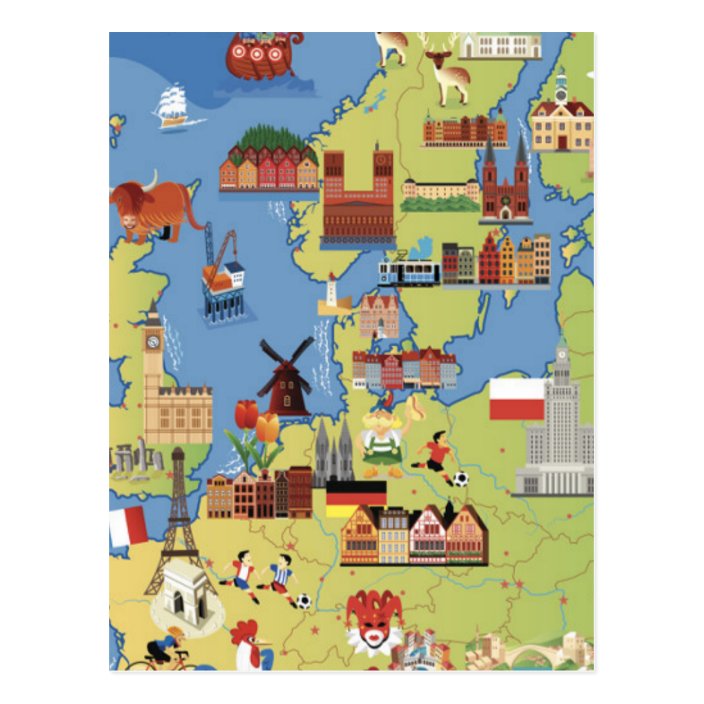 Cartoon Map of Europe Postcard | Zazzle.co.uk