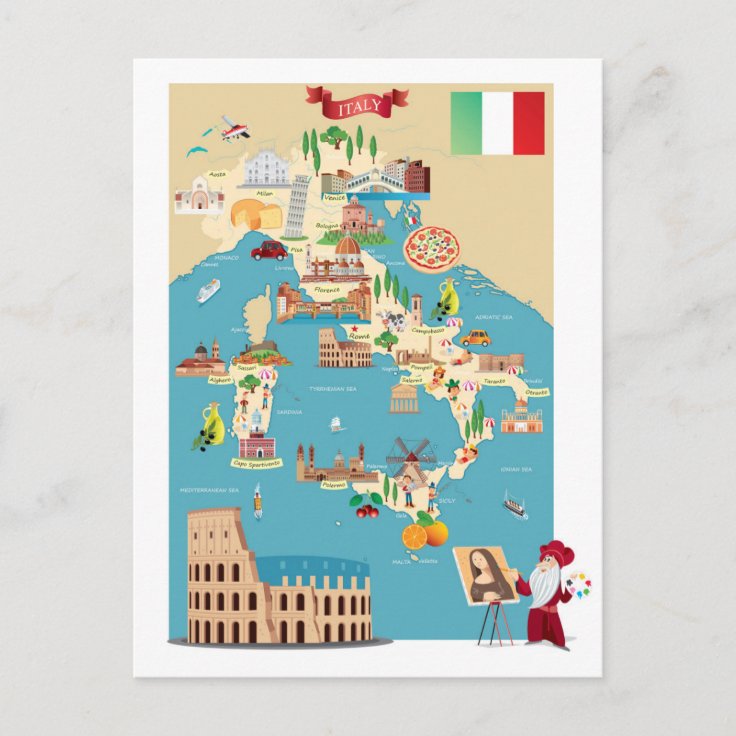 Cartoon Map of Italy Postcard | Zazzle
