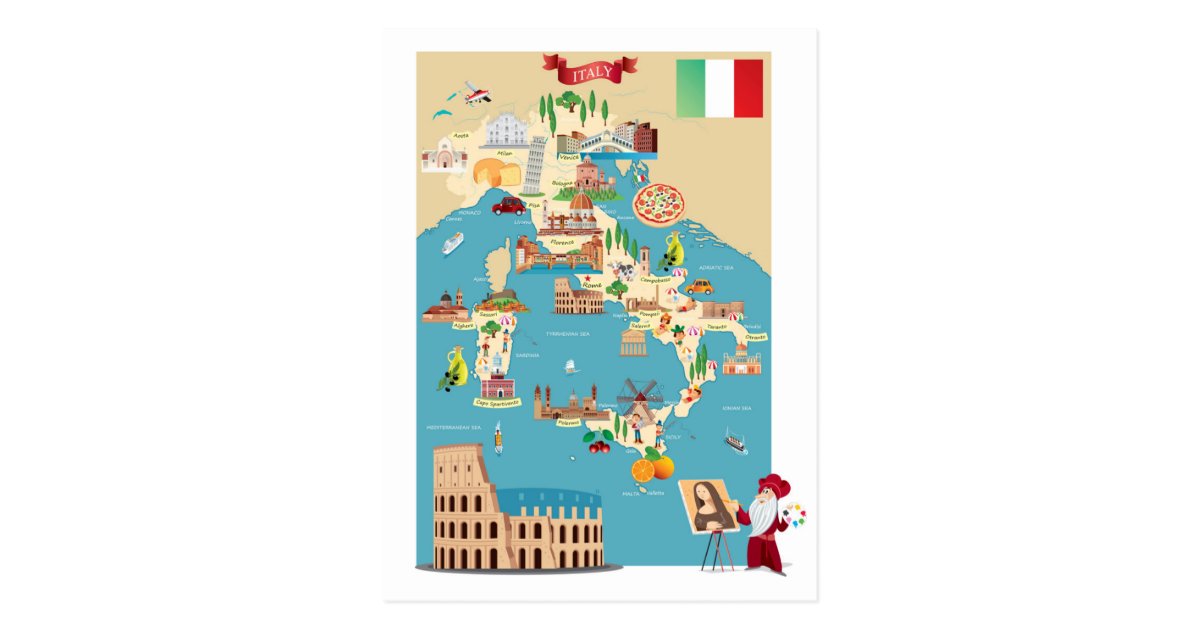 Cartoon Map of Italy Postcard | Zazzle.co.uk