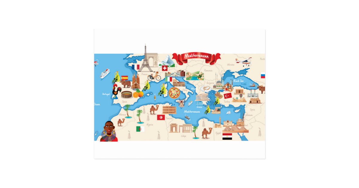 Cartoon Map of The Mediterranean Postcard | Zazzle.co.uk
