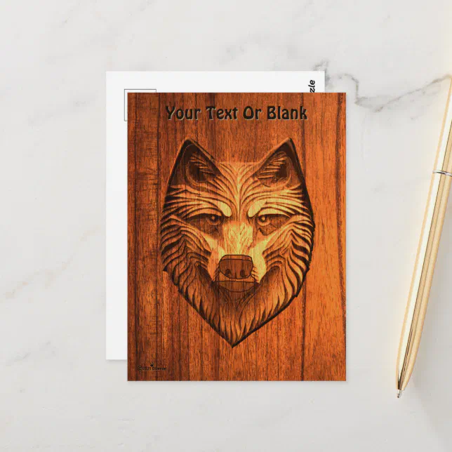 Carved Wood Wolf Postcard | Zazzle