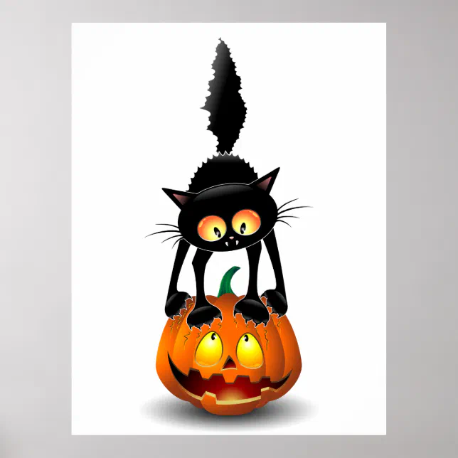 Cat Halloween Scared Cartoon on Pumpkin Poster | Zazzle