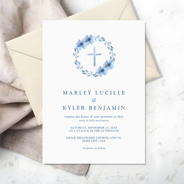 Catholic Christian Dusty Blue Floral Cross Wedding Invitation | Zazzle