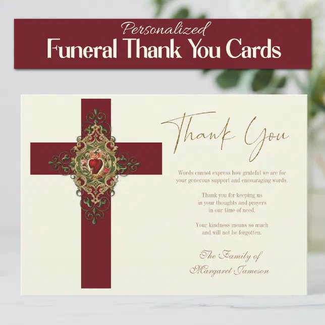 Catholic Sacred Heart Cross Funeral Memorial Thank You Card | Zazzle
