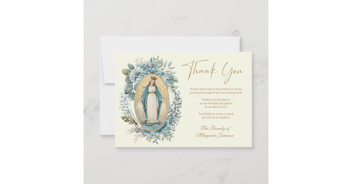 Catholic Virgin Mary Floral Funeral Memorial Thank You Card | Zazzle