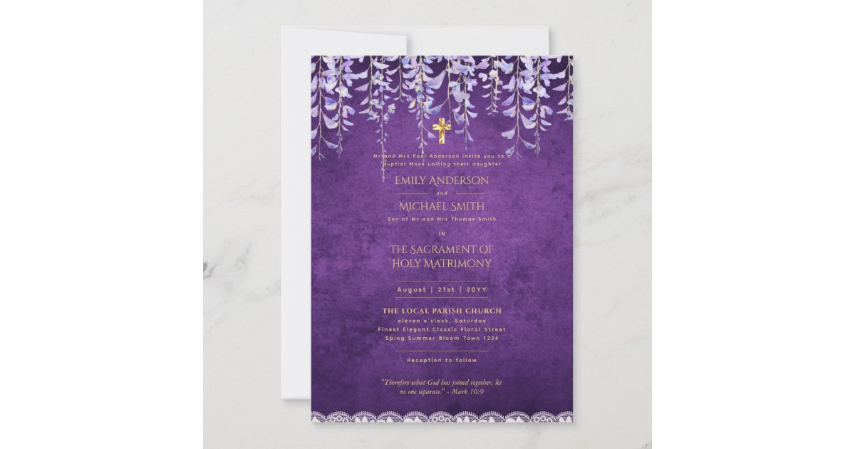 Catholic Wedding Nuptial Mass Purple Wisteria Invitation | Zazzle