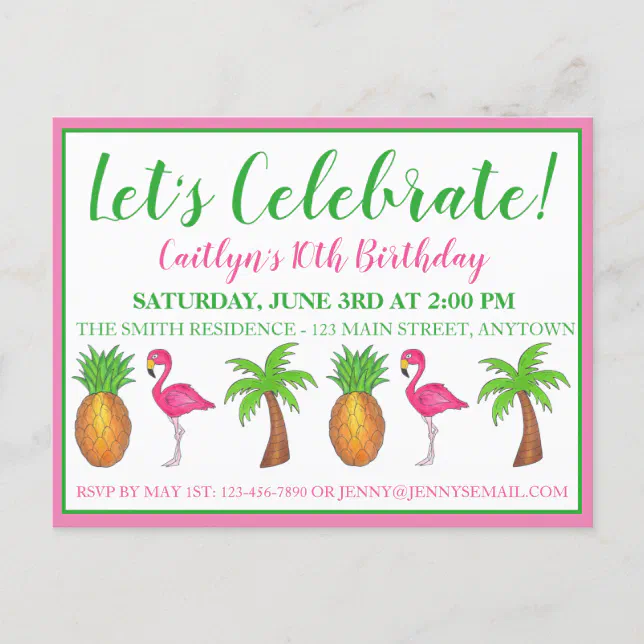 Celebrate Birthday Flamingo Palm Tree Pineapple Invitation Postcard ...