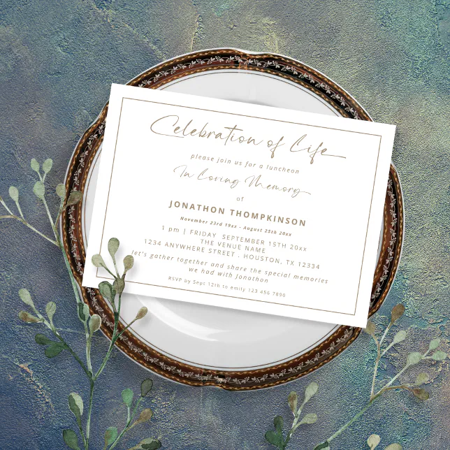 Celebration Of Life Gold Border Funeral Luncheon Invitation | Zazzle