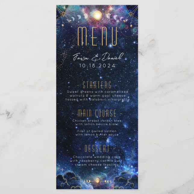 Celestial Moon Phase Wedding Menu | Zazzle