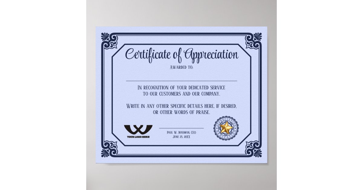 Certificate of appreciation employee volunteer poster | Zazzle