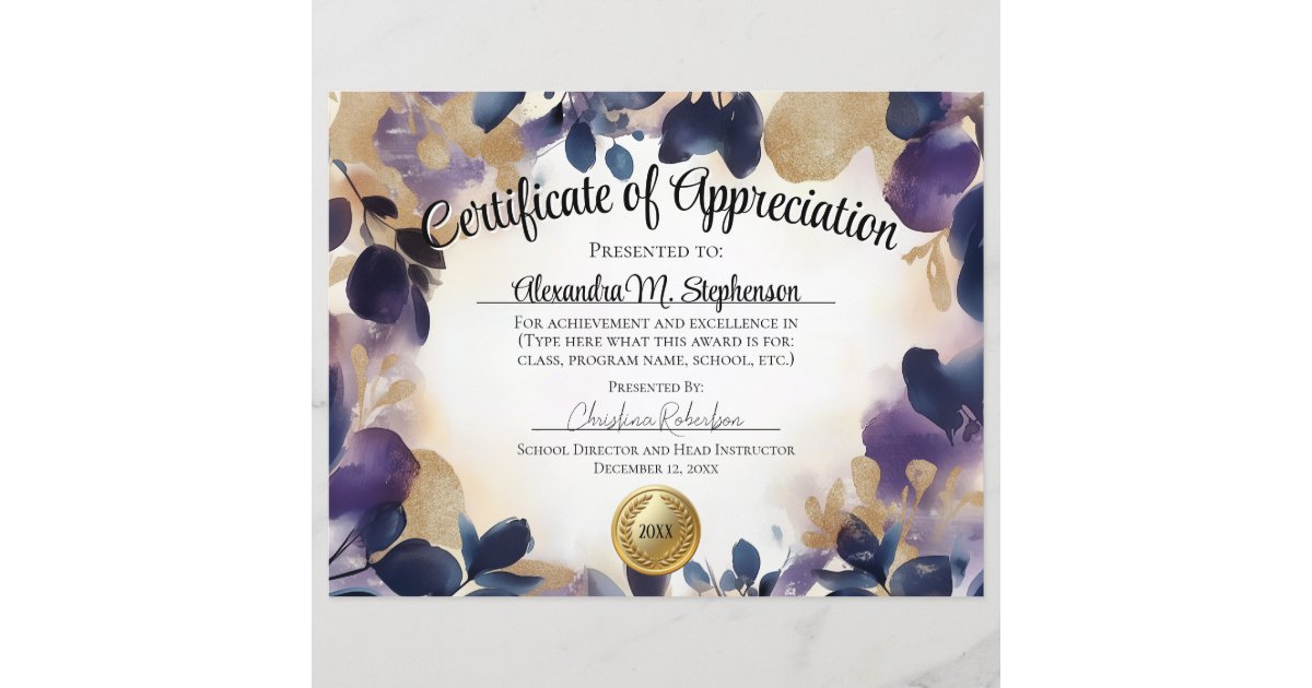 Certificate of Appreciation Gold Floral Watercolor | Zazzle