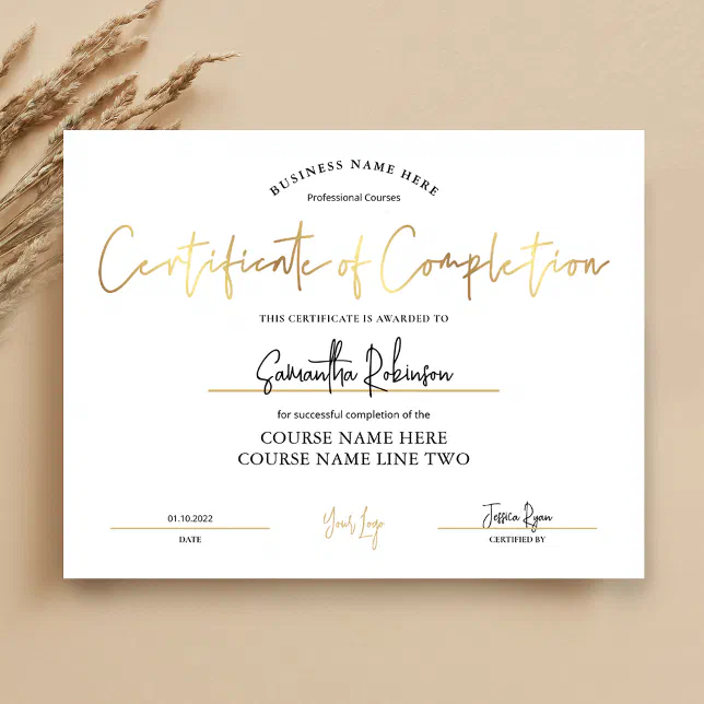 Certificate of Completion Faux Gold Downloadable Poster | Zazzle