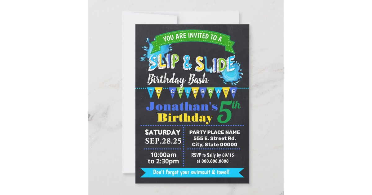 Chalkboard Slip and slide birthday bash blue party Invitation | Zazzle