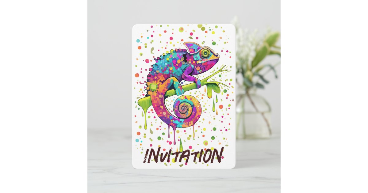 Chameleon Paint Stains Watercolor Style Invitation | Zazzle