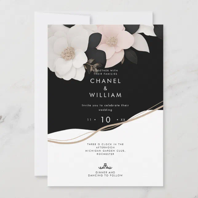 Chanel-inspired black and white floral wedding invitation | Zazzle