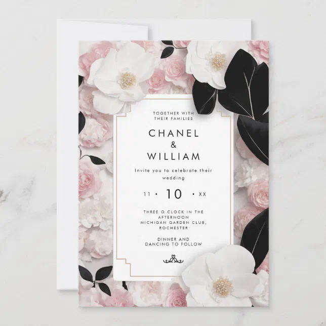 Chanel-inspired blush pink floral wedding invitation | Zazzle