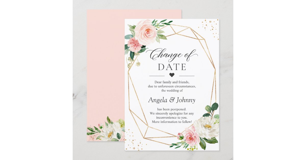 Change of Date Blush Pink Floral Gold Geometric Invitation | Zazzle