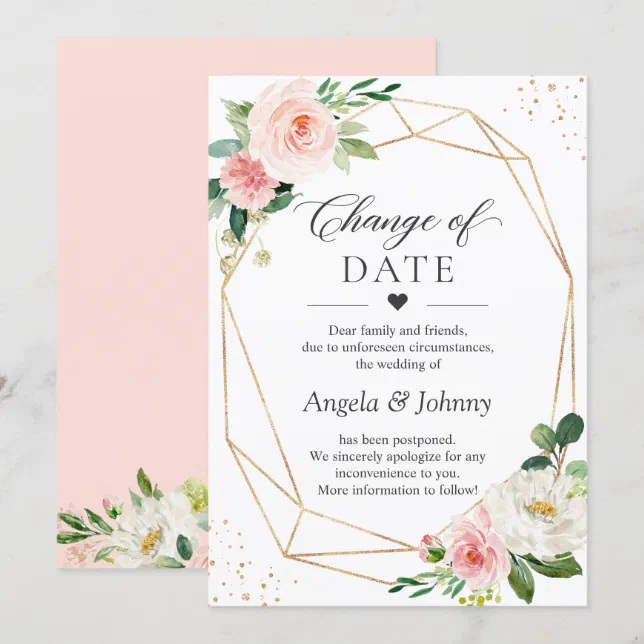 Change of Date Blush Pink Floral Gold Geometric Invitation | Zazzle