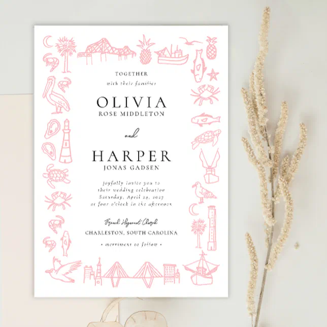 Charleston Toile Border in Pink Wedding Invitation | Zazzle