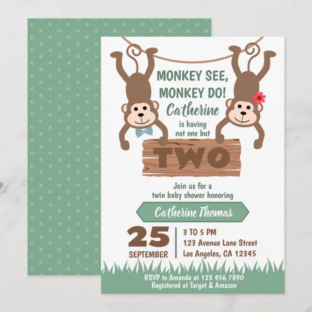 Cheeky Monkey Boy & Girl Twins Baby Shower Invitation | Zazzle