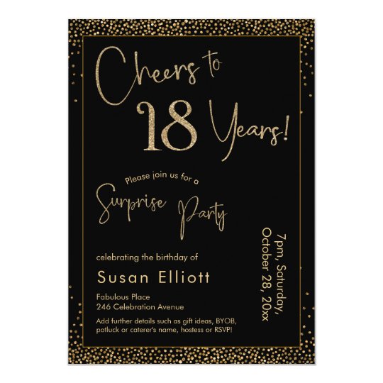 Cheers to 18 Years Surprise Birthday Party Black Invitation | Zazzle.co.uk