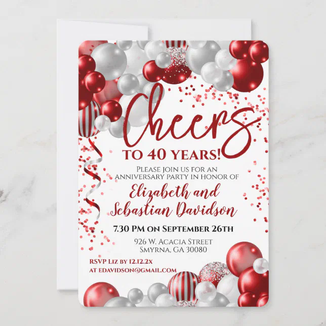 Cheers To 40 Years Red 40th Anniversary Invitation | Zazzle