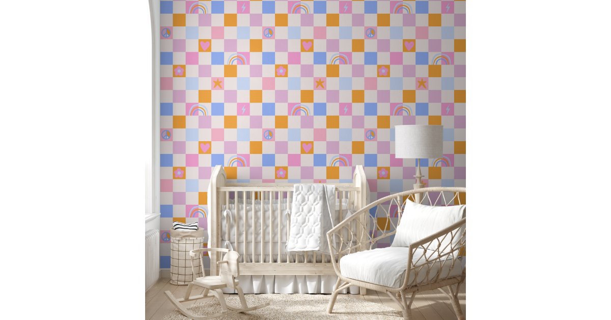 Chequered Pattern Rainbow Peace Girly Wallpaper | Zazzle
