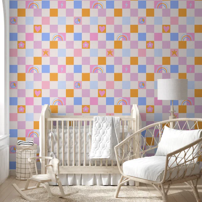 Chequered Pattern Rainbow Peace Girly Wallpaper | Zazzle