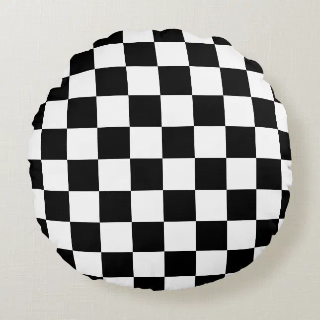 Chequered squares black and white geometric retro round cushion | Zazzle