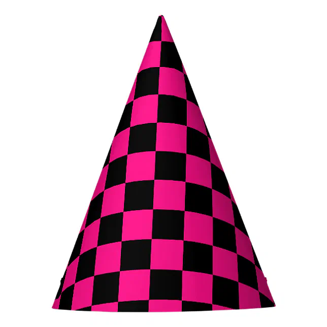 Chequered squares hot pink black geometric retro party hat | Zazzle