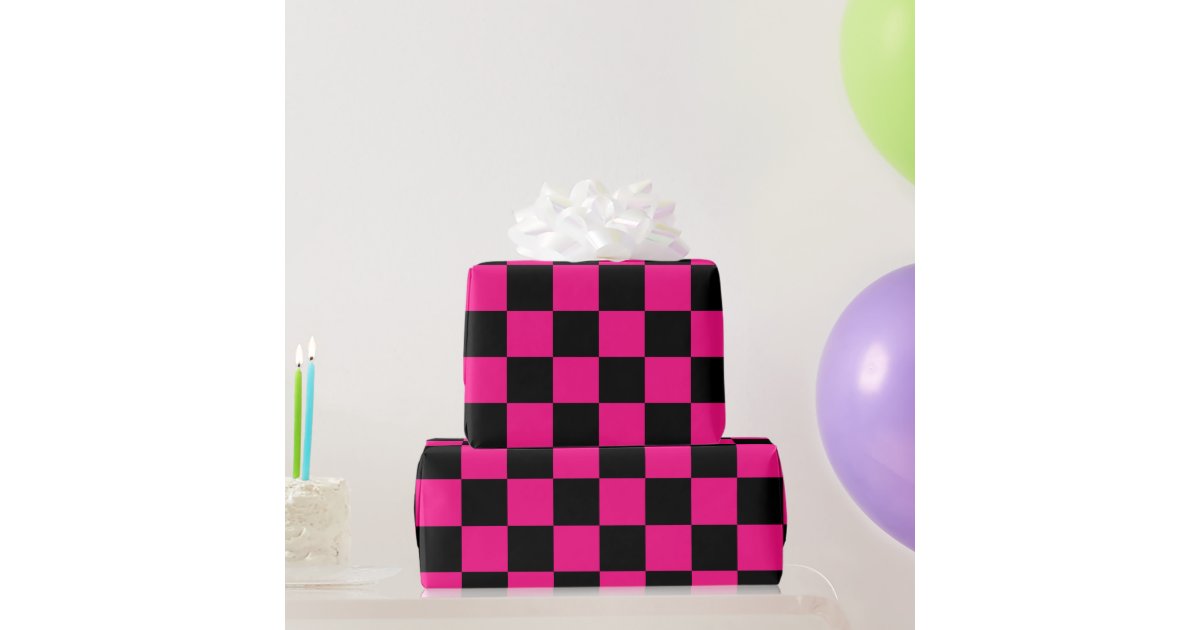 Chequered squares hot pink black geometric retro wrapping paper | Zazzle