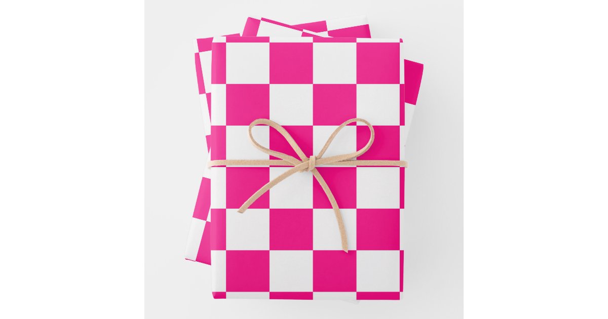 Chequered squares hot pink white geometric retro wrapping paper sheet ...