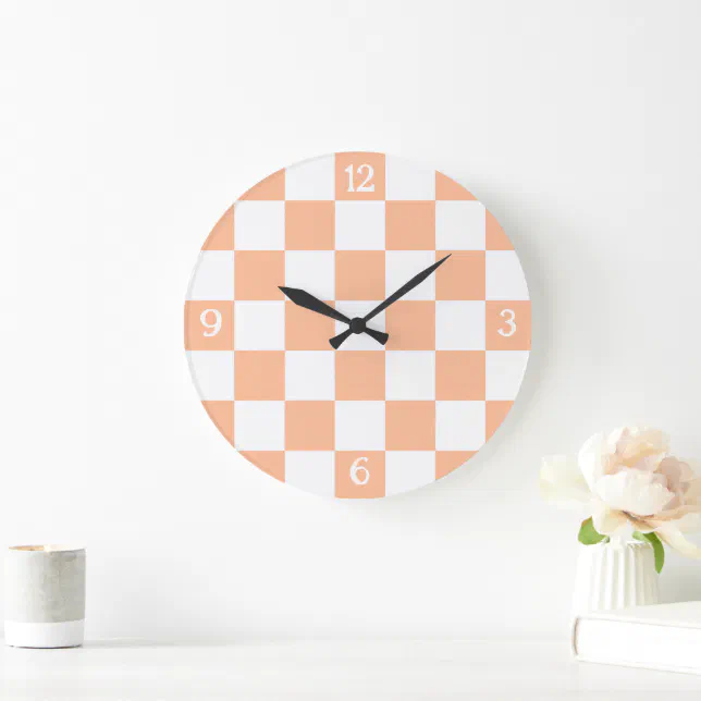 Chequered squares peach and white geometric retro large clock | Zazzle