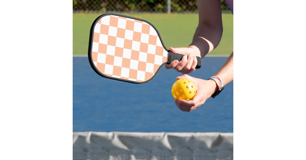 Chequered squares peach orange white geometric pickleball paddle | Zazzle