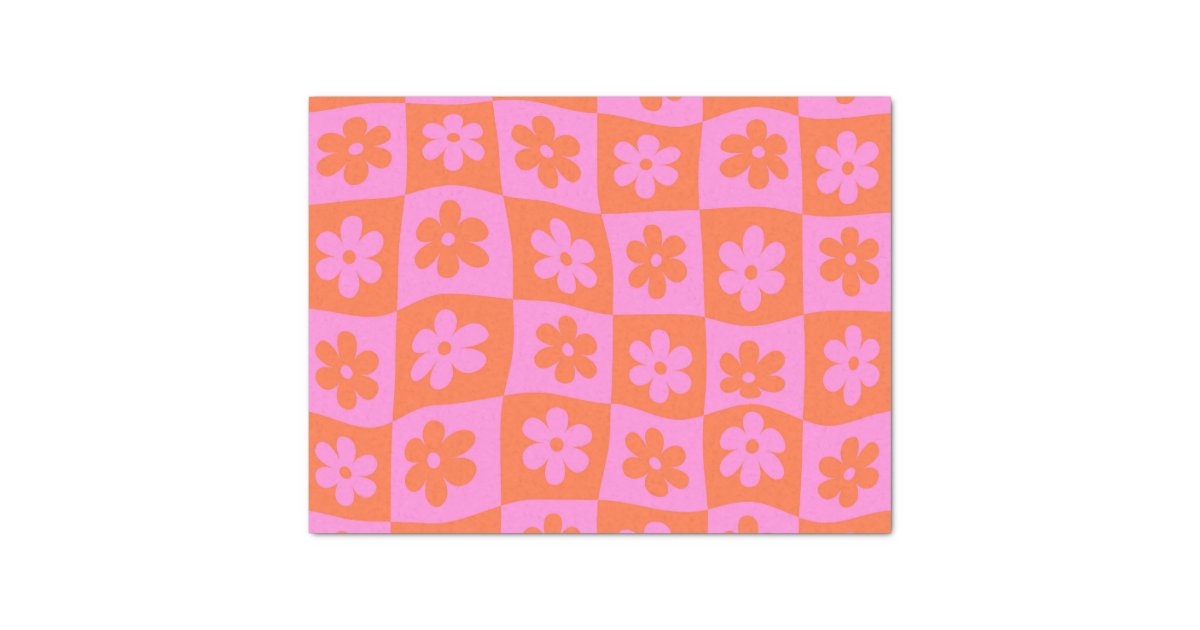 Chequered Warped Retro Pink and Orange Flowers Tissue Paper | Zazzle