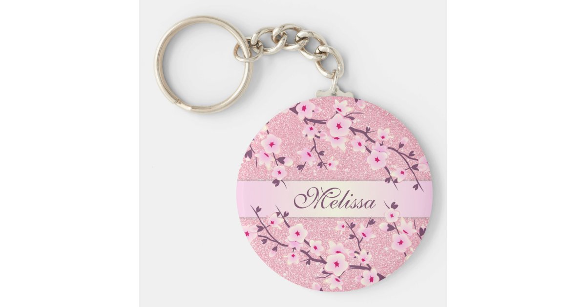 Cherry Blossoms Pink Glitter Key Ring | Zazzle