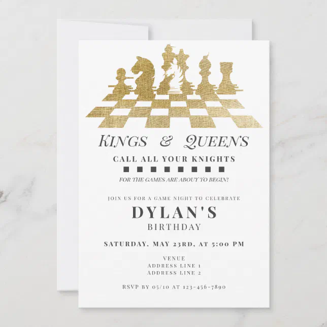 Chess Game Night Call Your Knights Gold Birthday Invitation | Zazzle