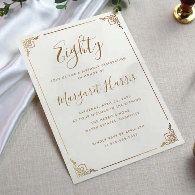 Chic 80th Eighty Gold Frame Calligraphy Birthday Invitation | Zazzle
