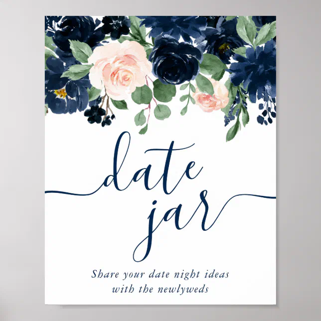 Chic Blooms | Navy Blue and Blush Pink Date Jar Poster | Zazzle