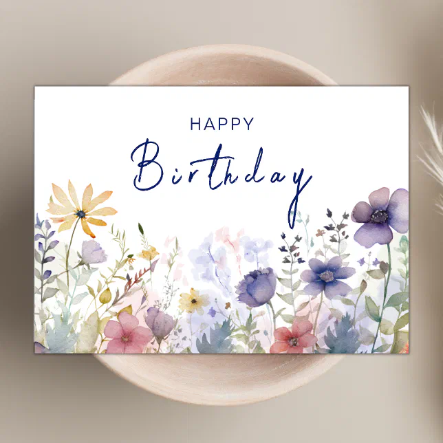 Chic Boho Navy Wildflower Theme Happy Birthday Card | Zazzle