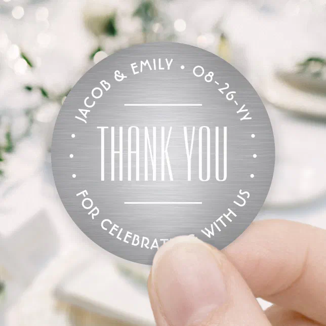 Chic Deco Typography Thank You Silver Faux Foil Classic Round Sticker ...