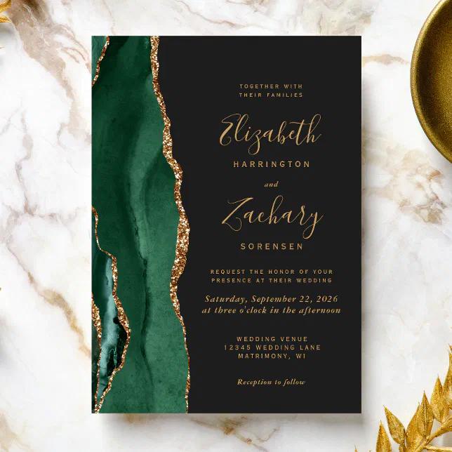 Chic Emerald Green Gold Agate Dark Wedding Invitation | Zazzle