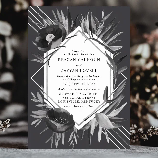 Chic Geometric Floral Monochrome Elegant Wedding Invitation | Zazzle