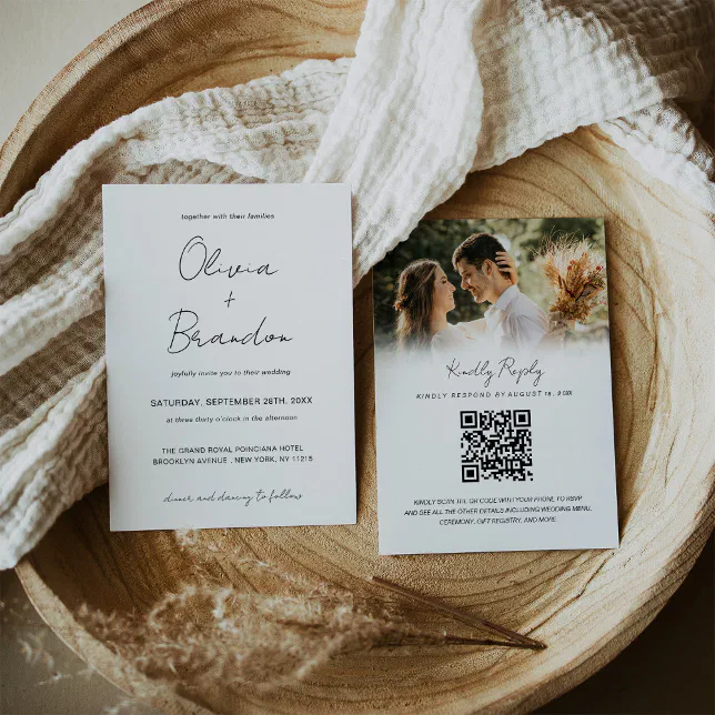Chic Handwritten Script QR Code Photo Wedding Invitation | Zazzle