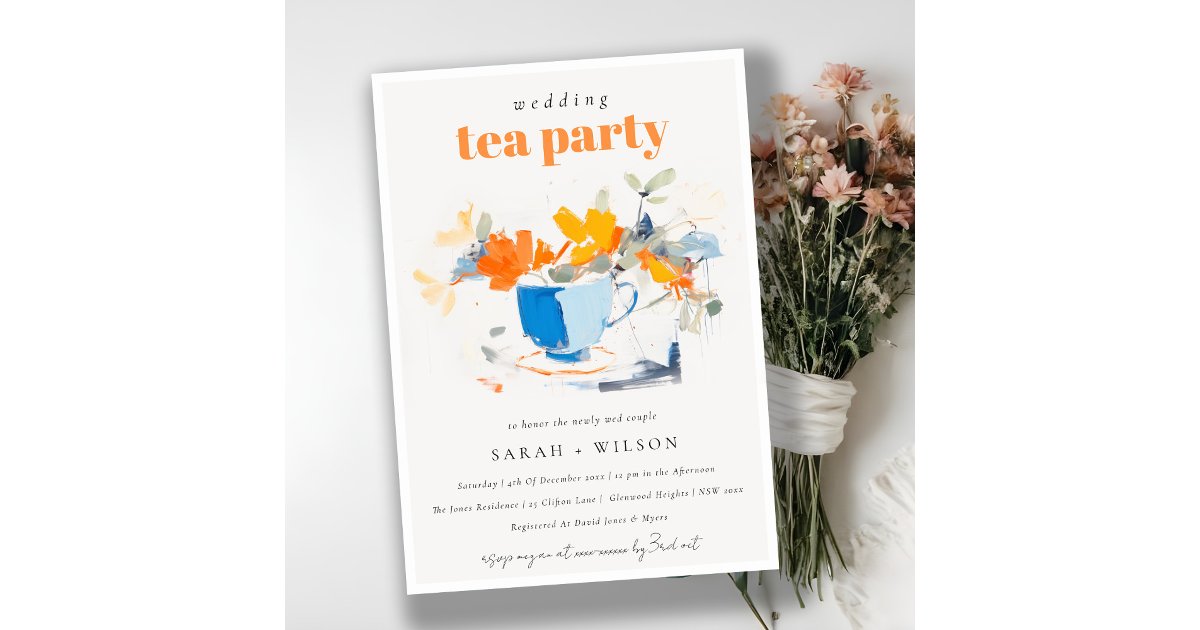 Chic Modern Floral Tea Cup Wedding Tea Party Invitation | Zazzle