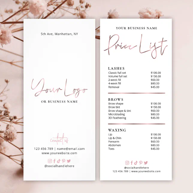 Chic Rose Gold Salon Price List Of Services Rack Card | Zazzle