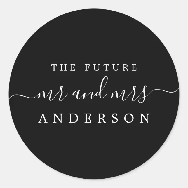 Chic Script Future Mr Mrs Black Wedding Classic Round Sticker | Zazzle