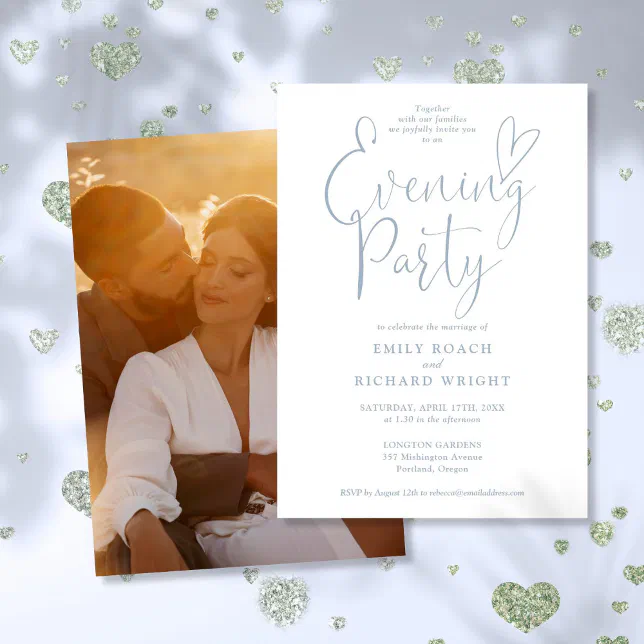 Chic Script Photo Dusty Blue Wedding Evening Party Invitation | Zazzle